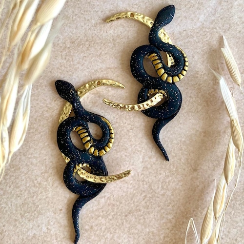 Black Clay Snakes / Black and Gold Snake Earrings / Gold Moon - Etsy