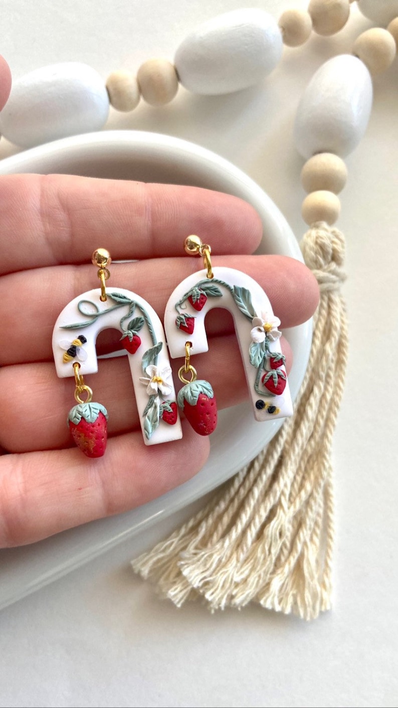 Polymer Clay Strawberry Dangles / Arch Clay Earrings / | Etsy