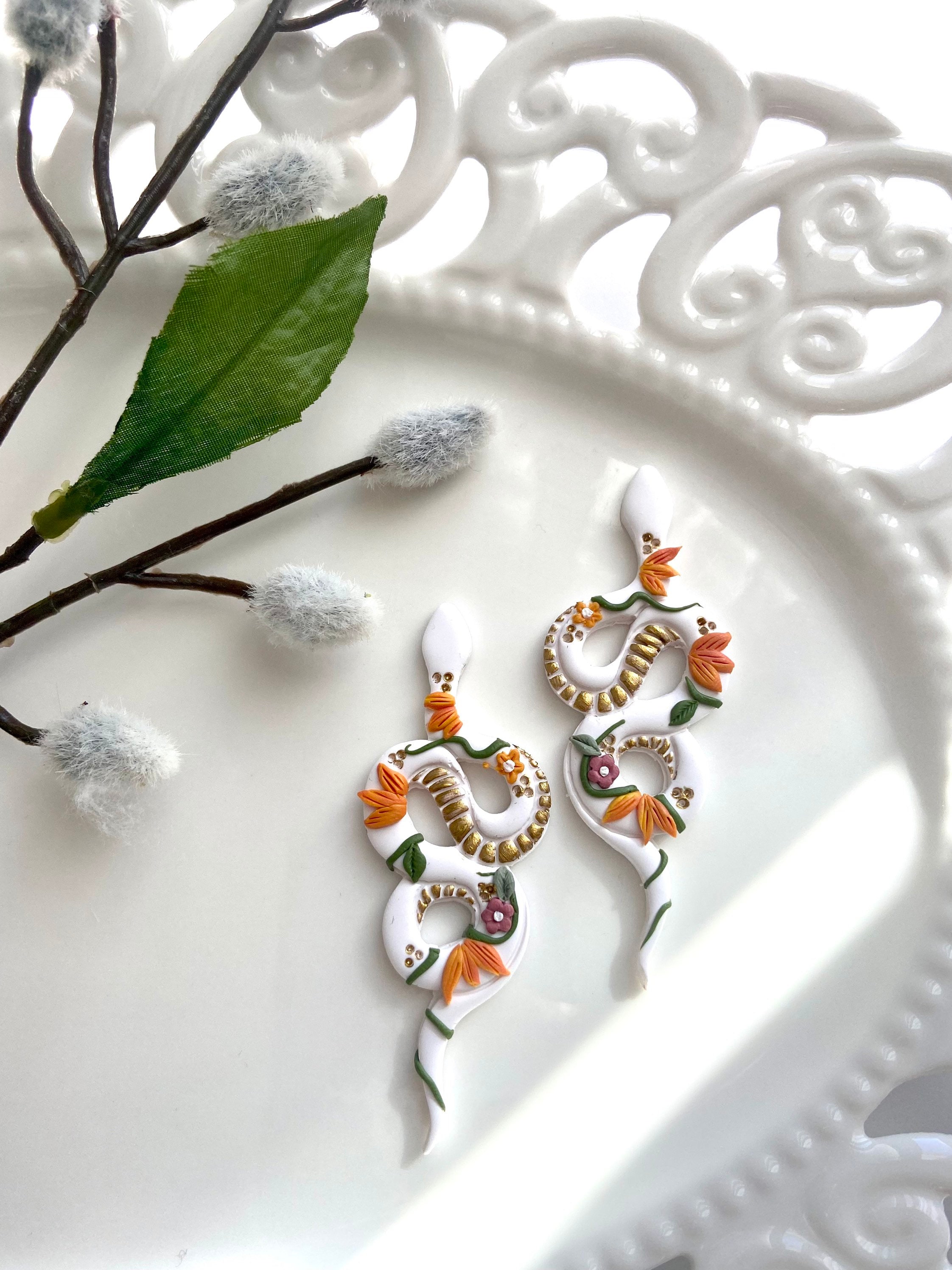 Clay Snake Earrings / Spring Colored Snake Dangles /spring | Etsy