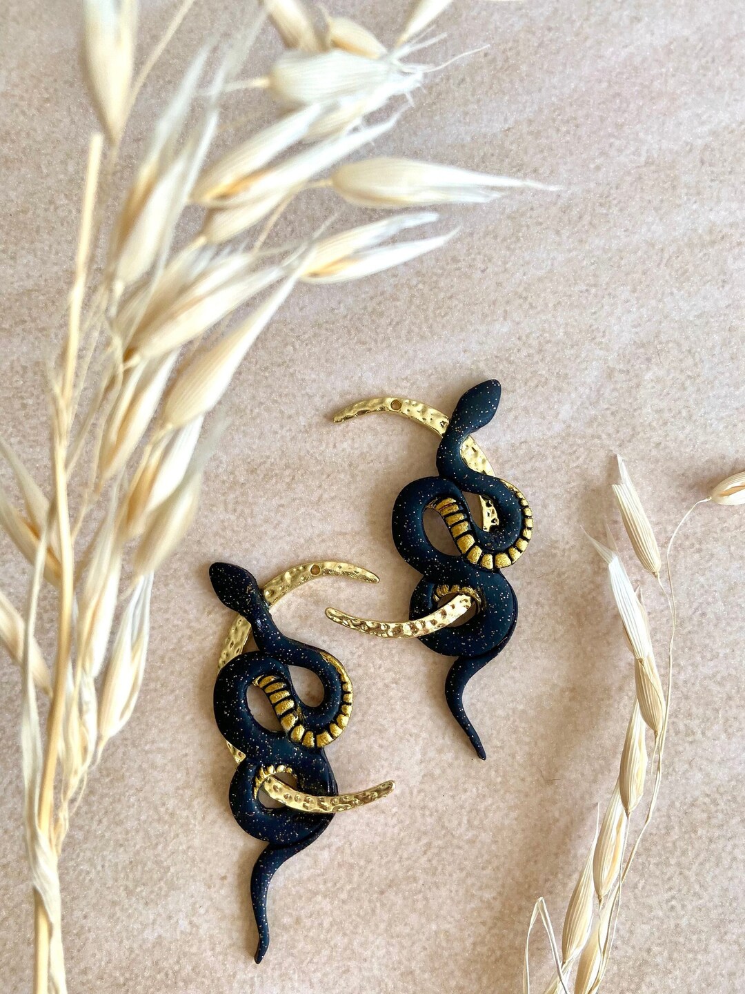 Black Clay Snakes / Black and Gold Snake Earrings / Gold Moon Charm ...