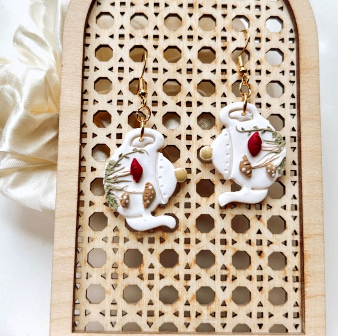 Cottage Core Mushroom Teapots / Dangle Polymer Clay Earrings / Tiny ...