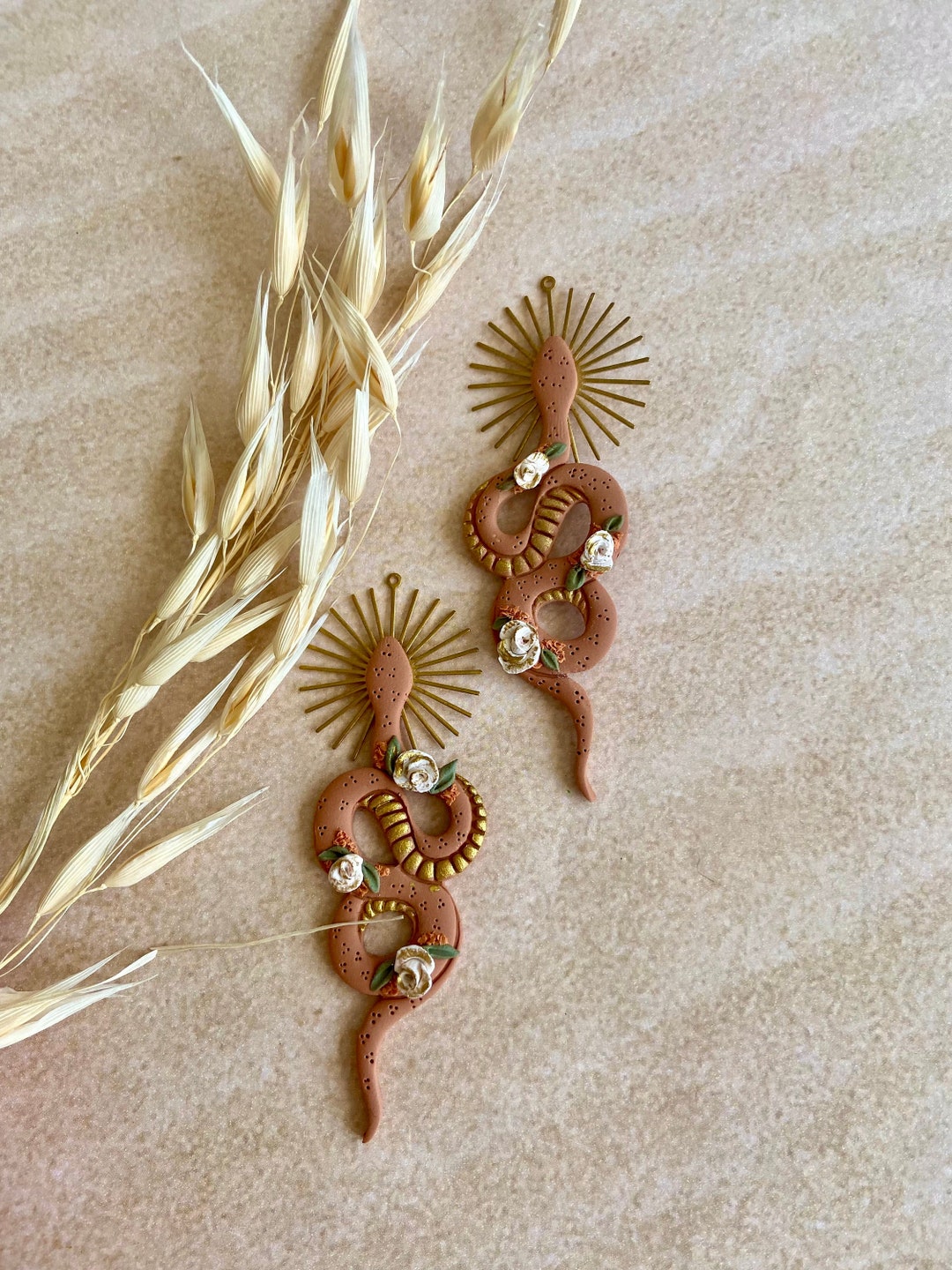Desert Goddess Snake Earrings With Large Brass Sun Charm / Polymer Clay ...