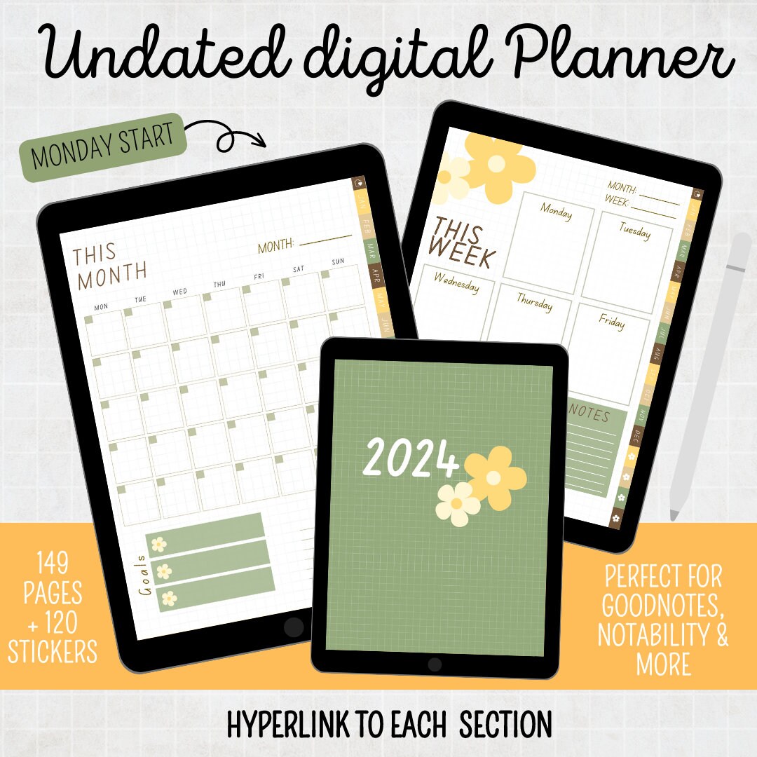 Undated Digital Planner, Floral, Big Plans, Goodnotes, iPad Planner ...