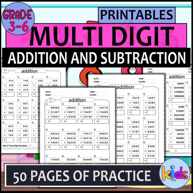Multi Digit Addition and Subtraction Practice Worksheets, Math Drill - Etsy