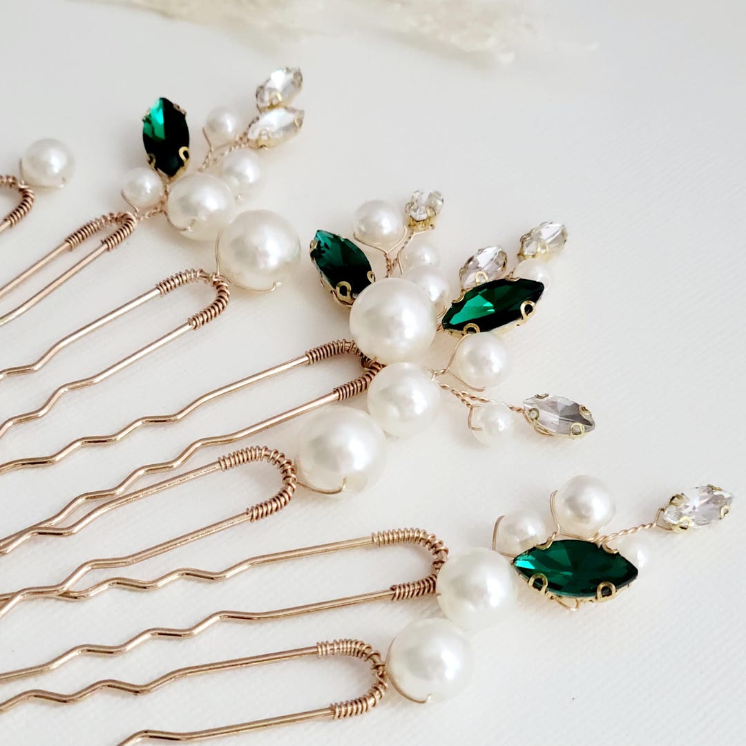 Emerald Green Bridal 7 Pin Set, Wedding Pearl Pins for Brides ...