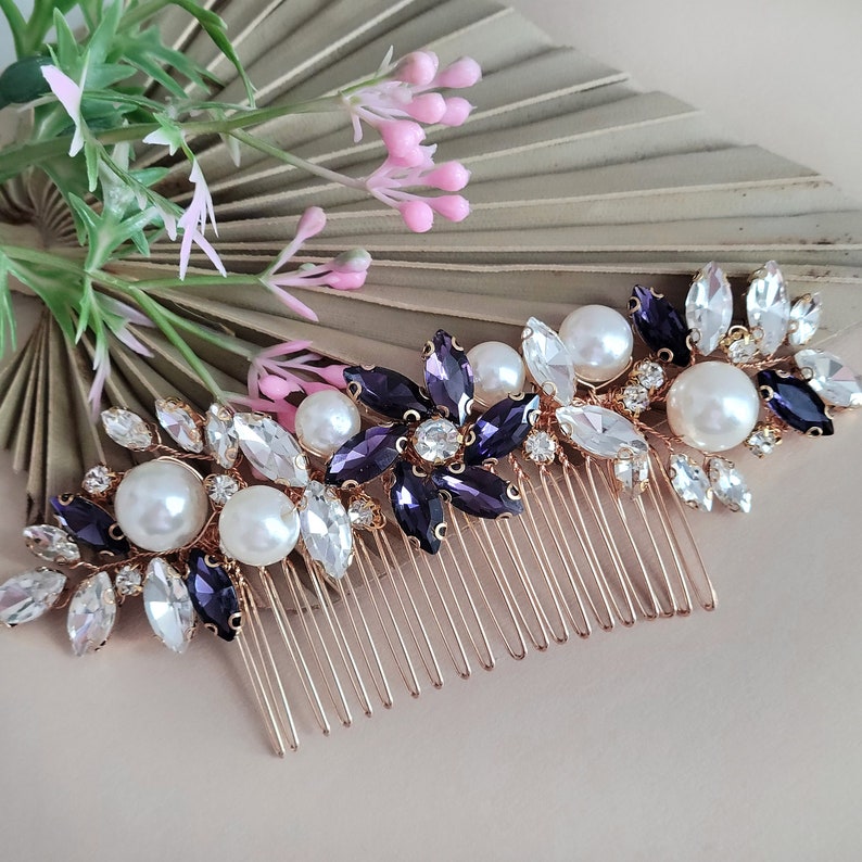 Purple Wedding Comb, Purple Crystal Headpiece, Pearl Bridal Hair Piece ...