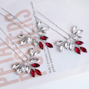 Red Bridal Hair Pins Set, Wedding Crystal Leaf Hair Piece for Brides ...