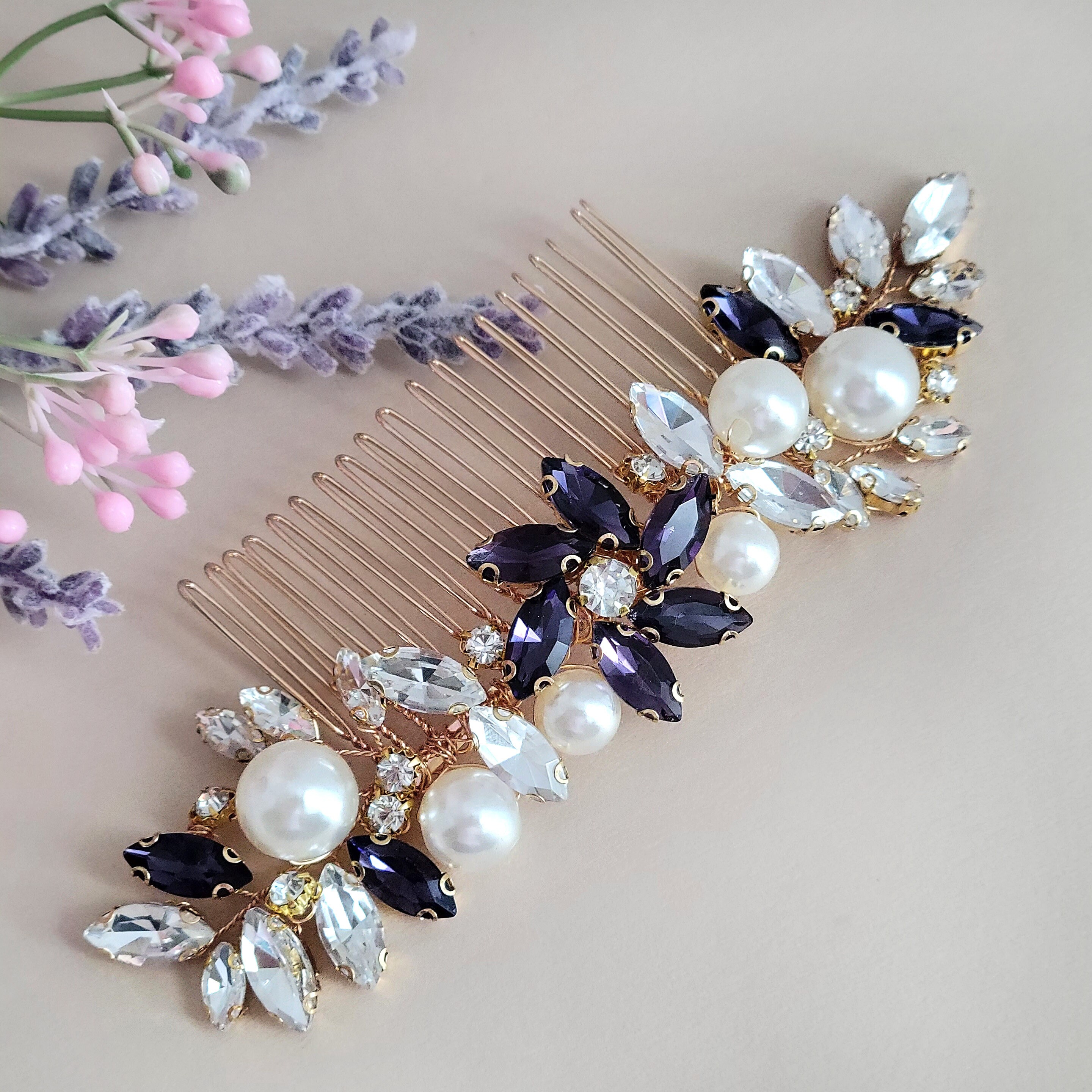 Purple Wedding Comb, Purple Crystal Headpiece, Pearl Bridal Hair Piece ...