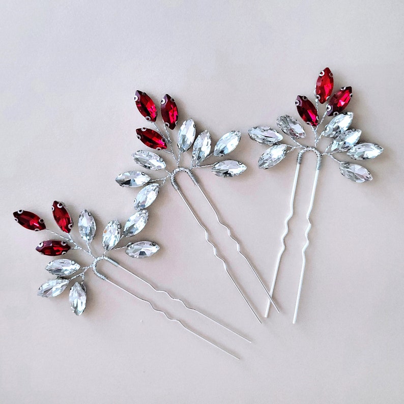 Red Bridal Hair Pins Set Wedding Crystal Leaf Hair Piece for - Etsy