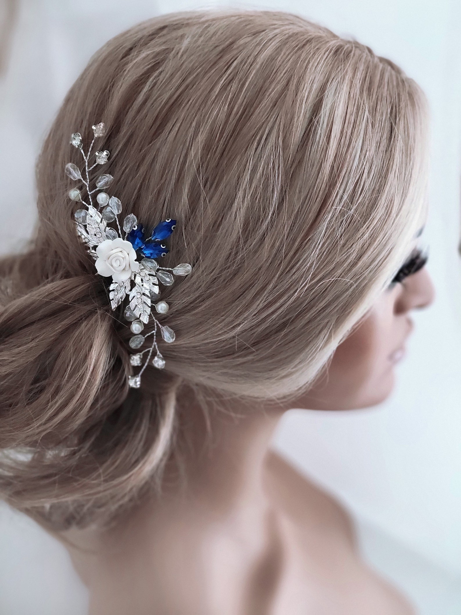 Bridal Sapphire Blue Crystal Pin, Blue Floral Pearl Hair Pin, Clay ...