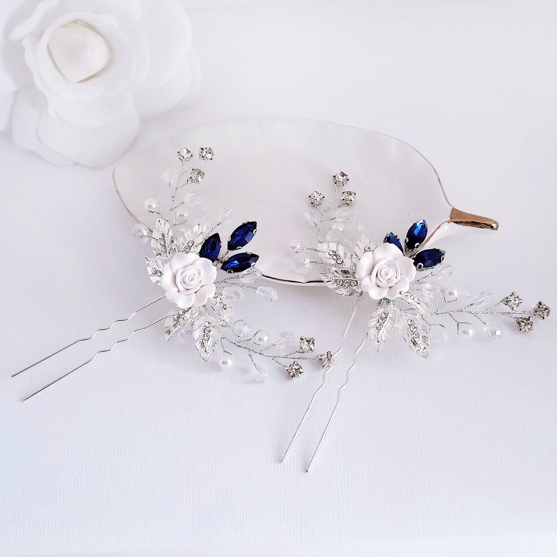 Bridal Sapphire Blue Crystal Pin Blue Floral Pearl Hair Pin - Etsy