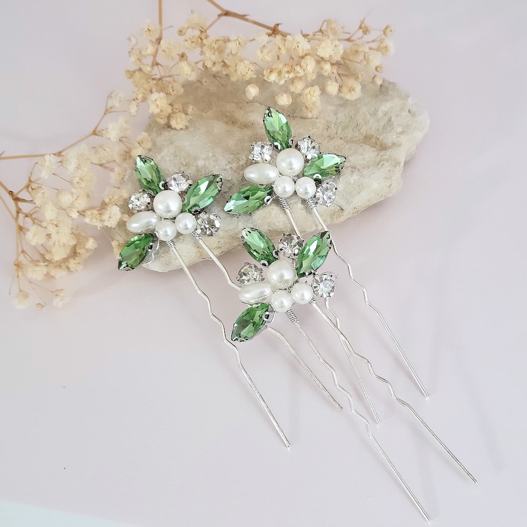 Sage Green Bridal Hair 3 Pins Set, Wedding Pearl Hair Accessories for ...