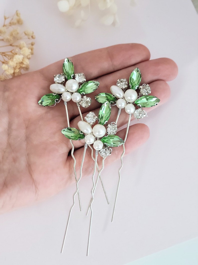 Sage Green Bridal Hair 3 Pins Set, Wedding Pearl Hair Accessories for ...