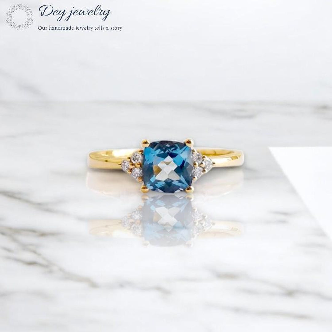 14k London Blue Topaz Engagement Ring, Real Gold Proposal Ring, Lab ...