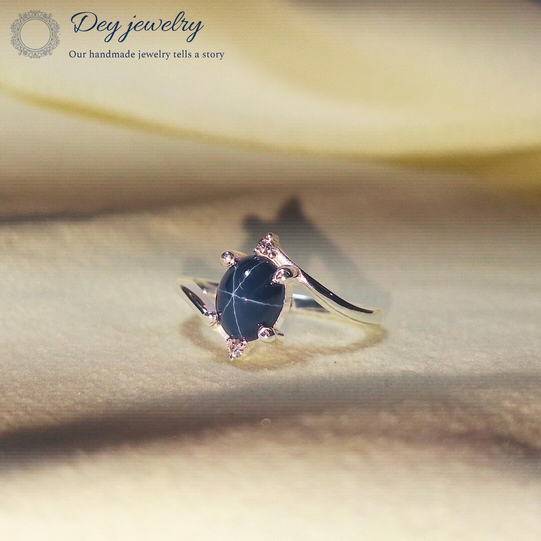 Dainty Blue Star Sapphire Ring, 14K Gold Star Sapphire Ring, Moissanite ...