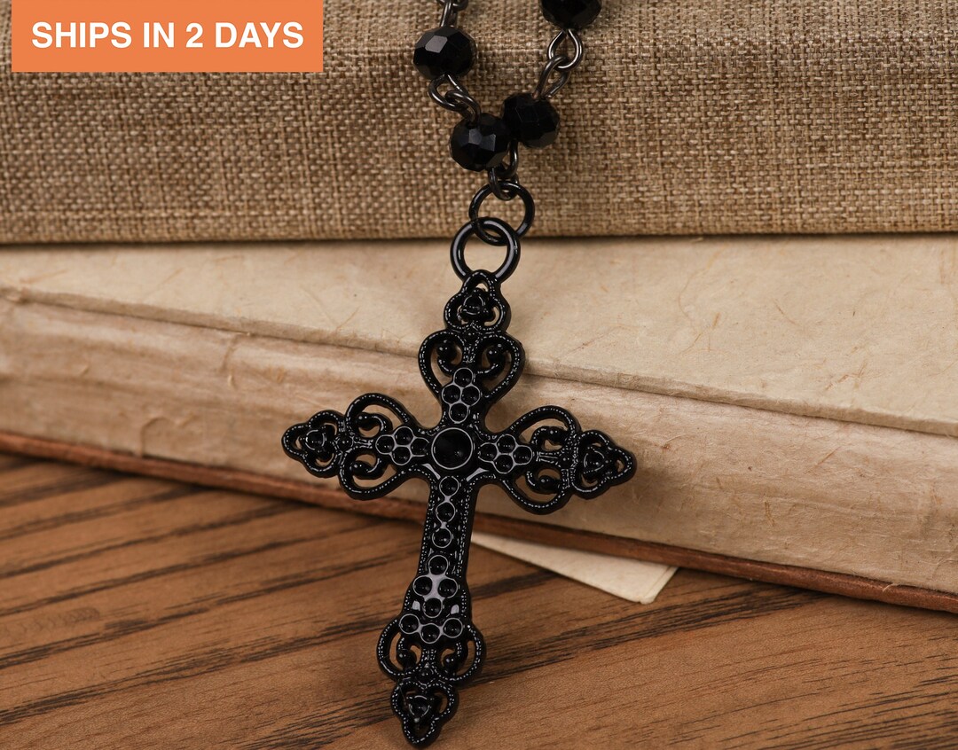 Gothic Layered Bead Cross Necklace by Haquil Black Bead Cross Necklace ...