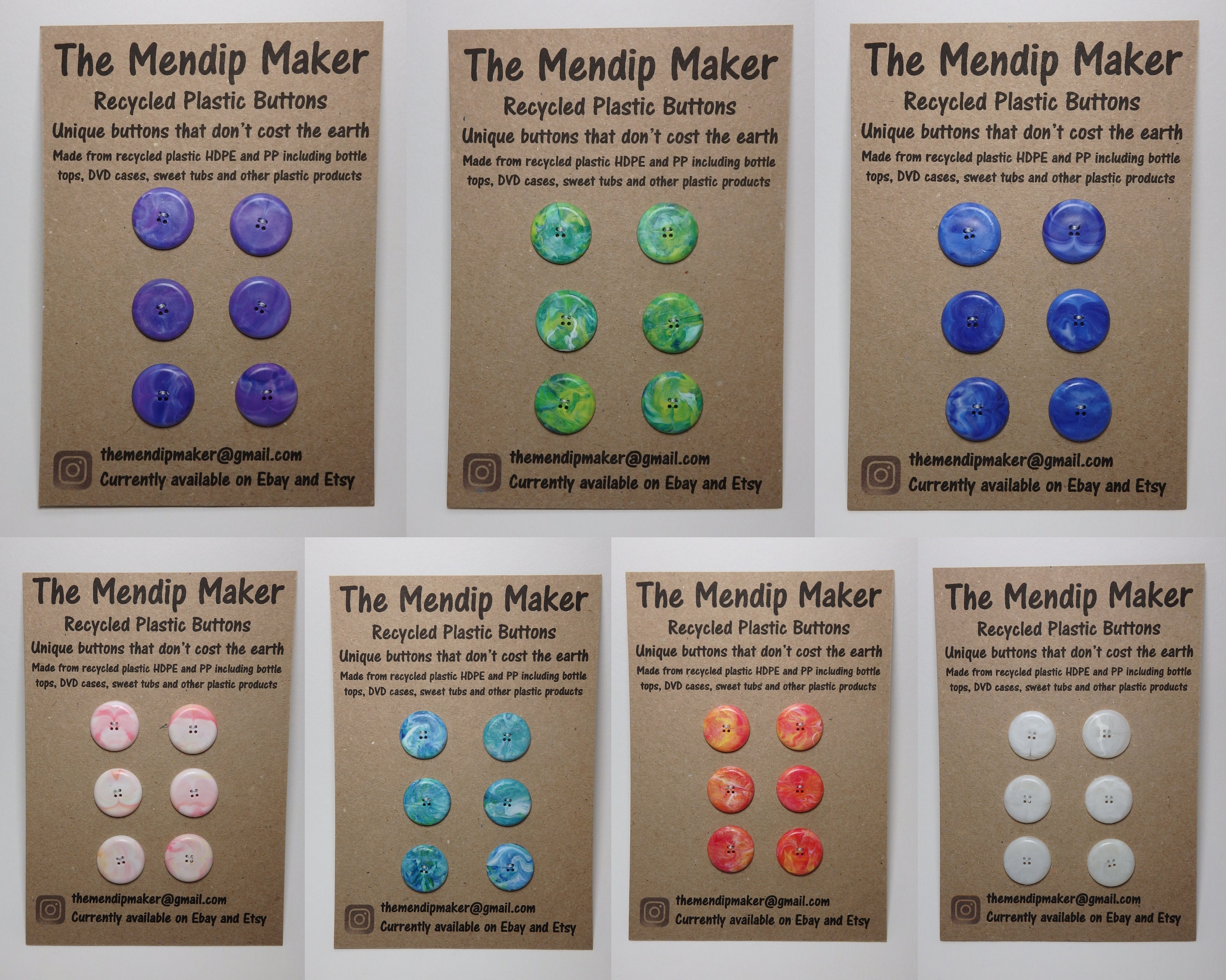 Recycled Plastic Buttons 20mm Packs of 6, White Blue Orange Purple ...