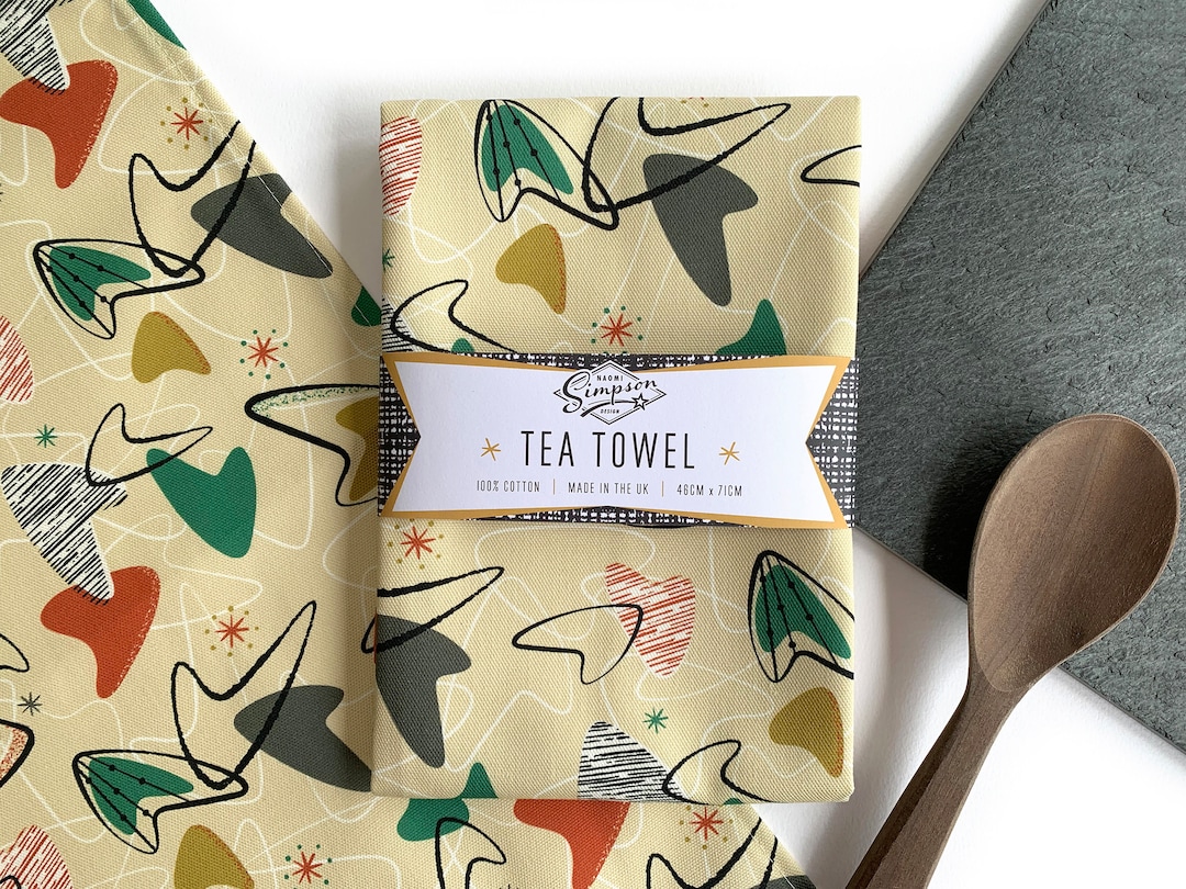 Luxury Cotton Tea Towel. Mid-century Inspired Pattern. Cream Tea Towel ...