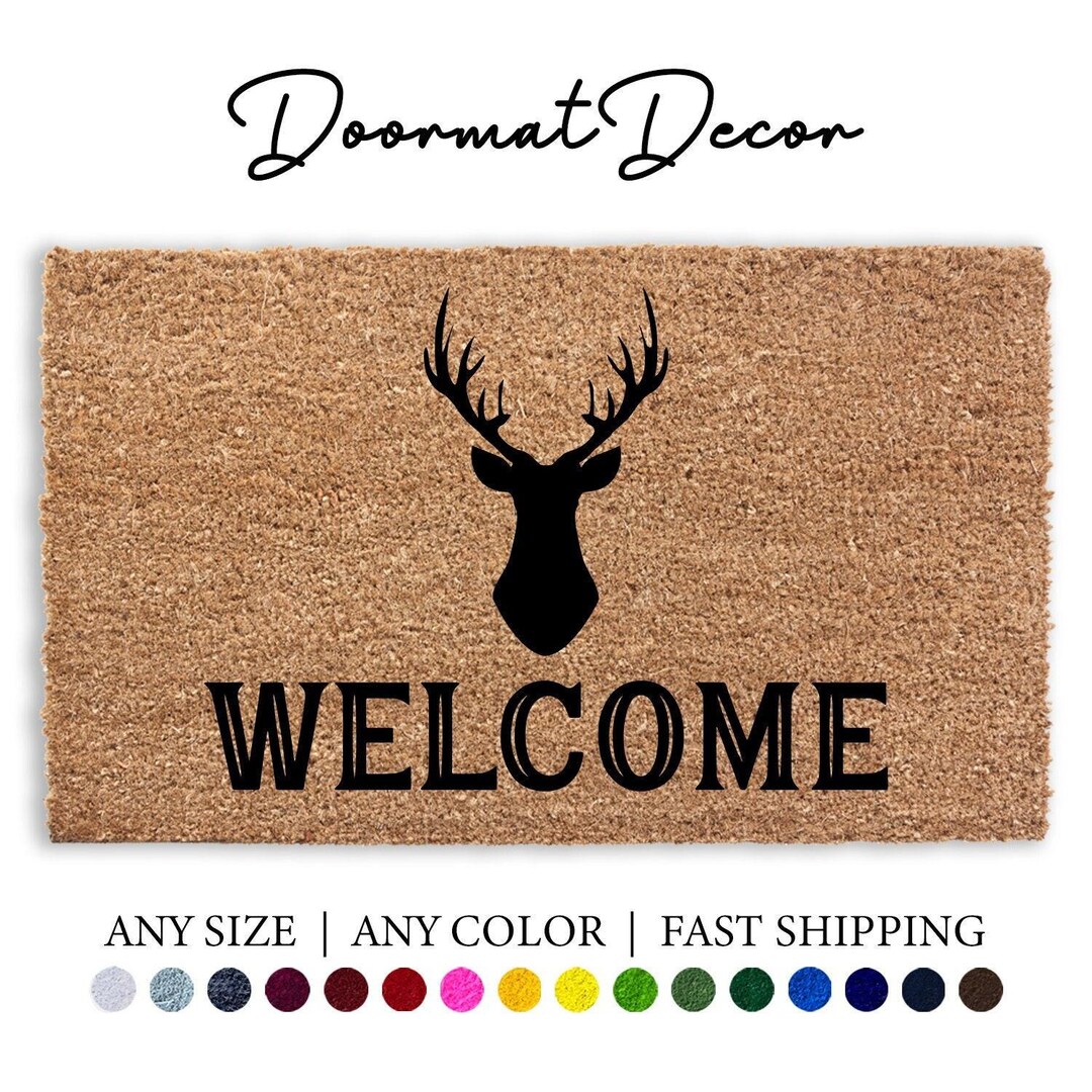 Welcome Deer Antlers Doormat Flocked Coir Outdoor Rug Rustic Farmhouse ...