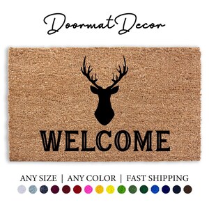 Welcome Deer Antlers Doormat Flocked Coir Outdoor Rug Rustic Farmhouse ...
