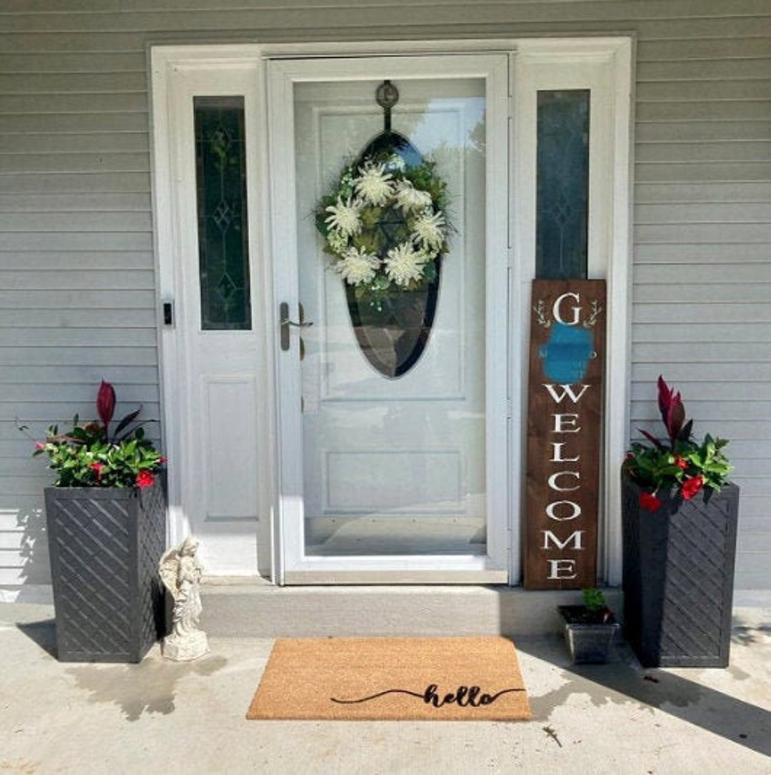 Hello Script Doormat, Flocked Coir Outdoor Welcome Mat, Personalized ...