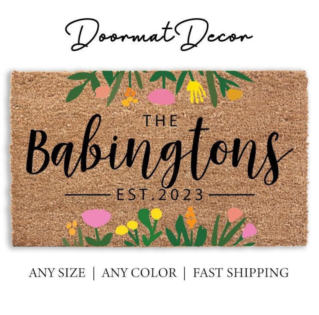 Colorful Spring Flower Doormat Custom Name Outdoor Welcome Mat Flocked ...