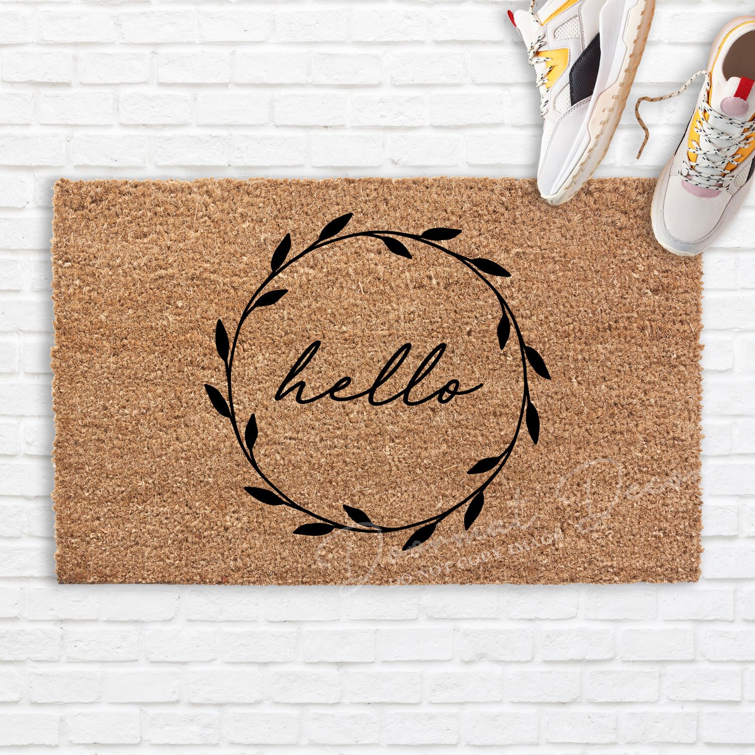 Hello Wreath Doormat Flocked Coir Outdoor Welcome Mat | Etsy