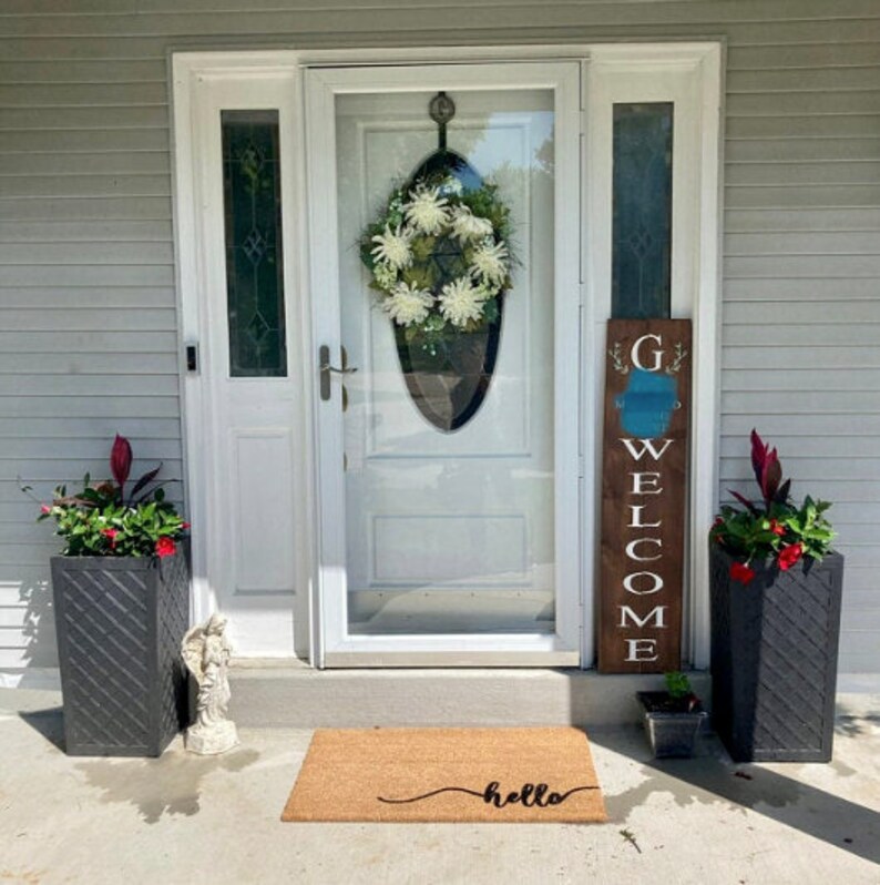 Hello Script Doormat Flocked Coir Outdoor Welcome Mat - Etsy