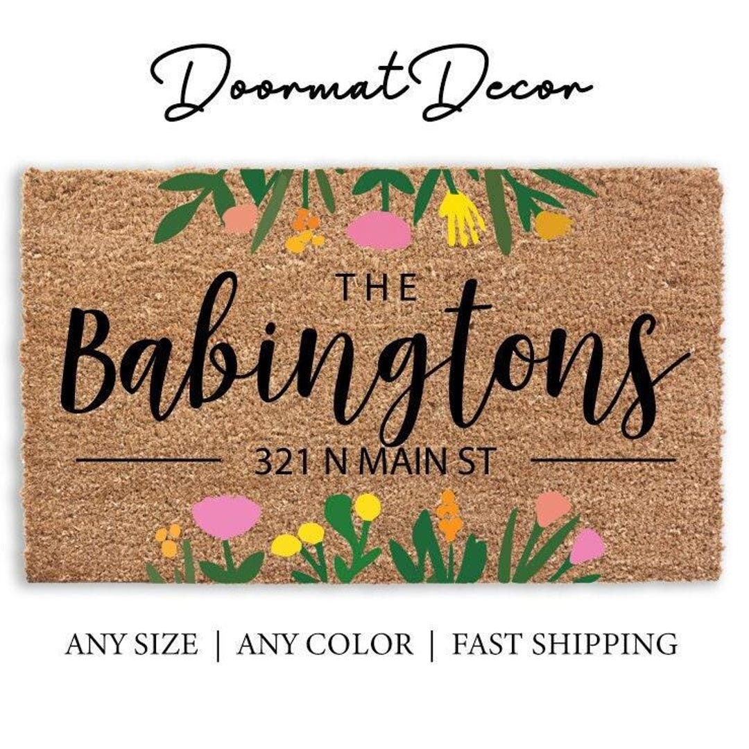 Floral Doormat Colorful Custom Name Welcome Mat Spring Flower Coir Rug ...