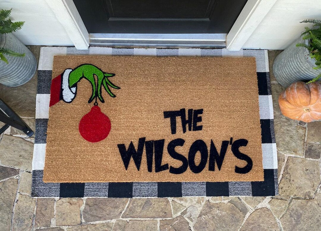 Personalized Grinch Christmas Doormat Flocked Coir Entryway Rug Holiday ...