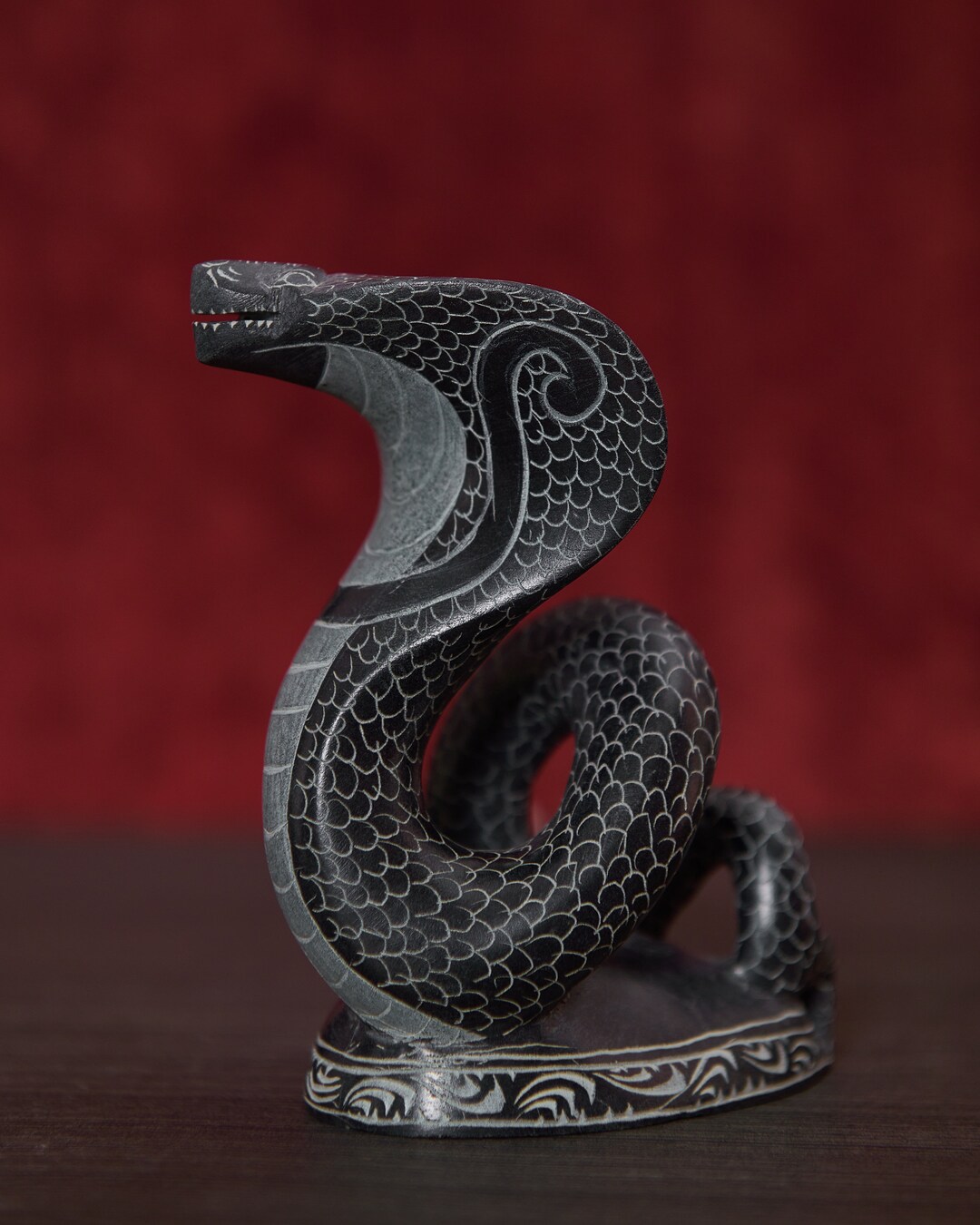Black Stone Cobra Sculpture Realistic Snake Engraved Stone Art ...