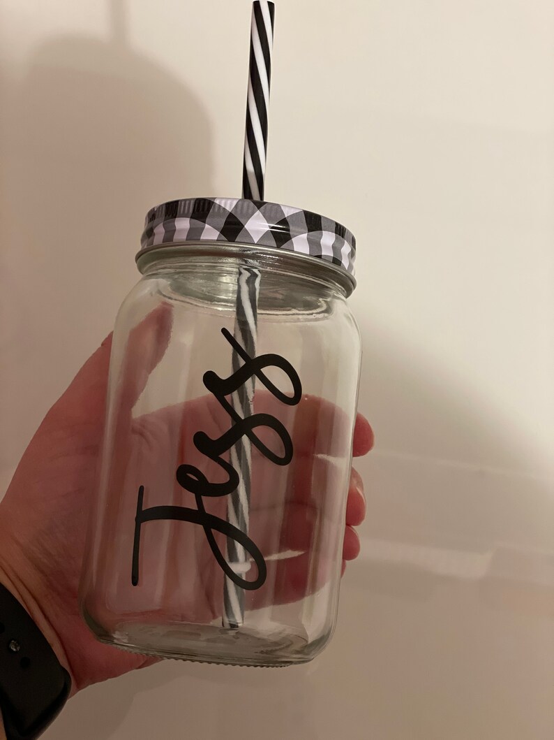 Buffalo Plaid Mason Jar Cup / Mason Jar Glass With Straw / Black ...