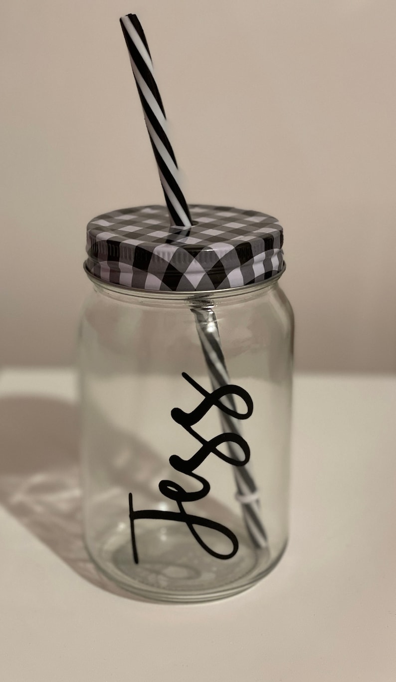 Buffalo Plaid Mason Jar Cup / Mason Jar Glass With Straw / Black ...