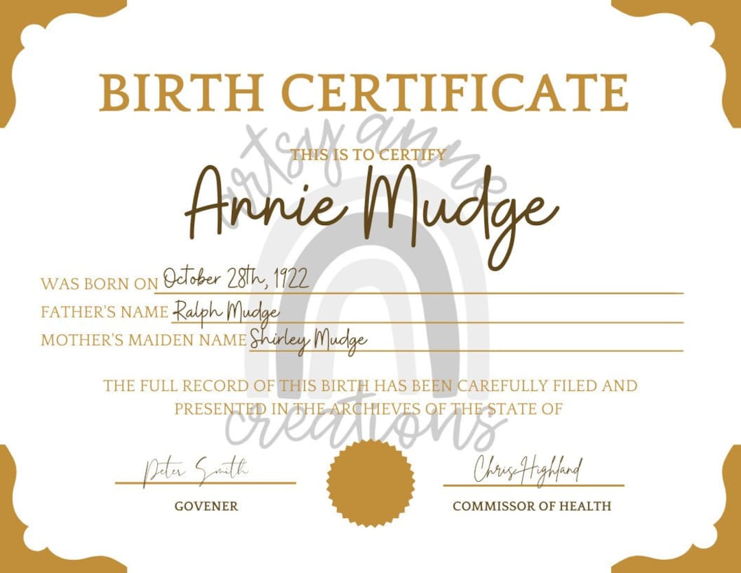 Annie Jr. Annie Mudge Birth Certificate - Etsy