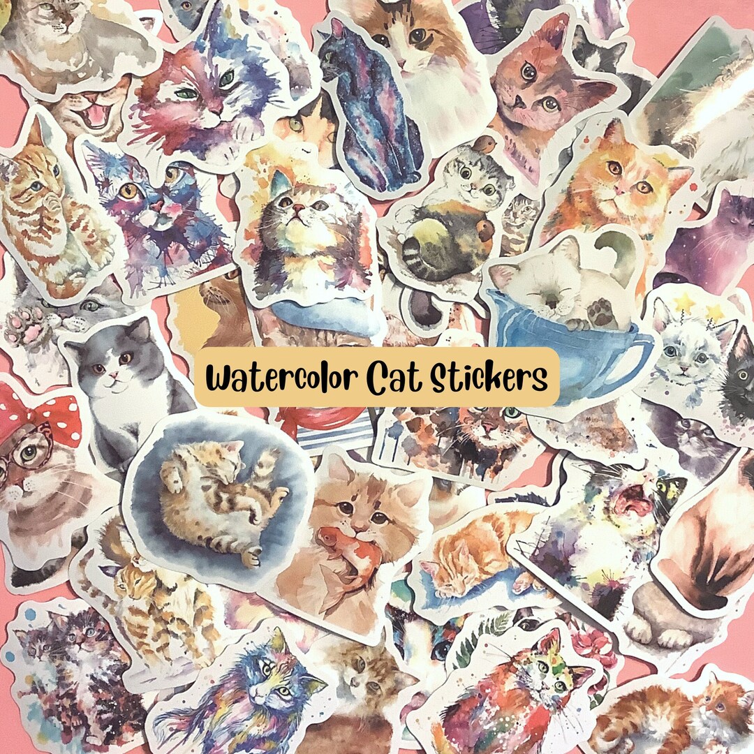 Assorted Watercolor Cat Themed Stickers, Journals, Scrapbooking, Junk ...