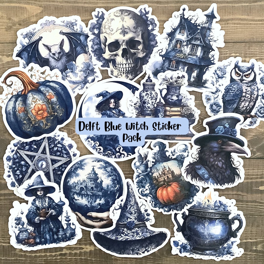 Delft Blue Witch Sticker Pack, Junk Journal, Witch Stickers, Halloween ...