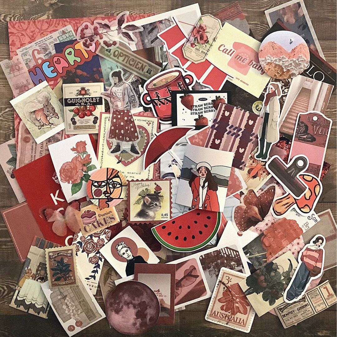 70 Piece Red Themed Junk Journal Kit, Red Journal, Red Stickers ...
