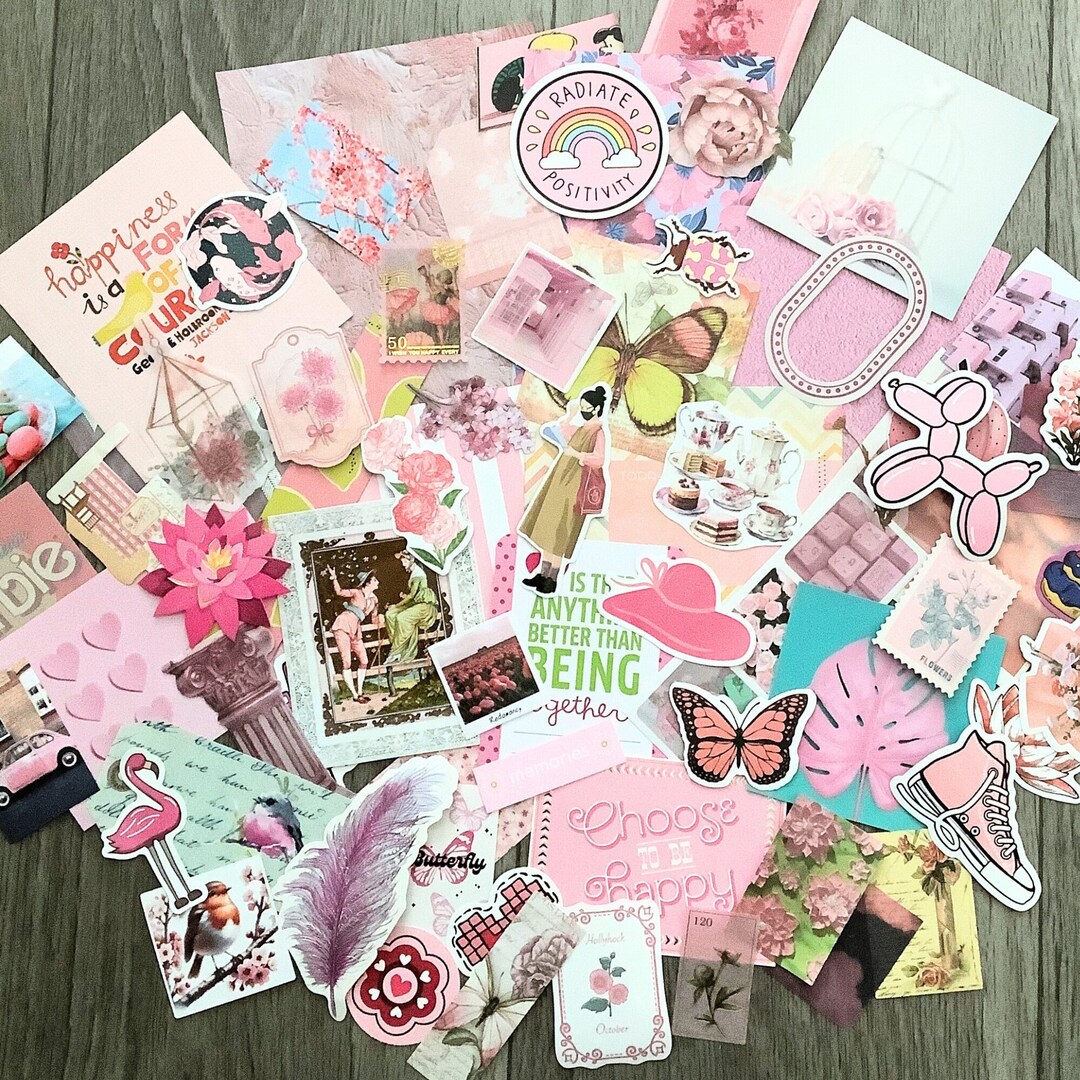 70 Piece Pink Themed Junk Journal Kit, Stickers, Ephemera, Small Paper ...