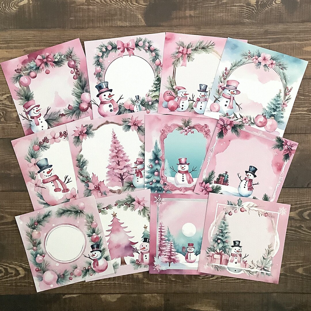 Pink Christmas Snowmen Themed Journal Cards, Christmas Ephemera, Paper ...