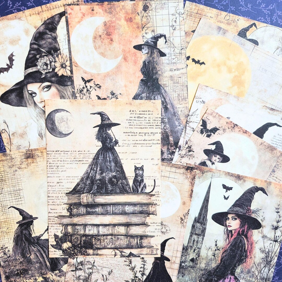Halloween Witch Scrapbook Paper Set: Junk Journal Cardmaking Supplies ...