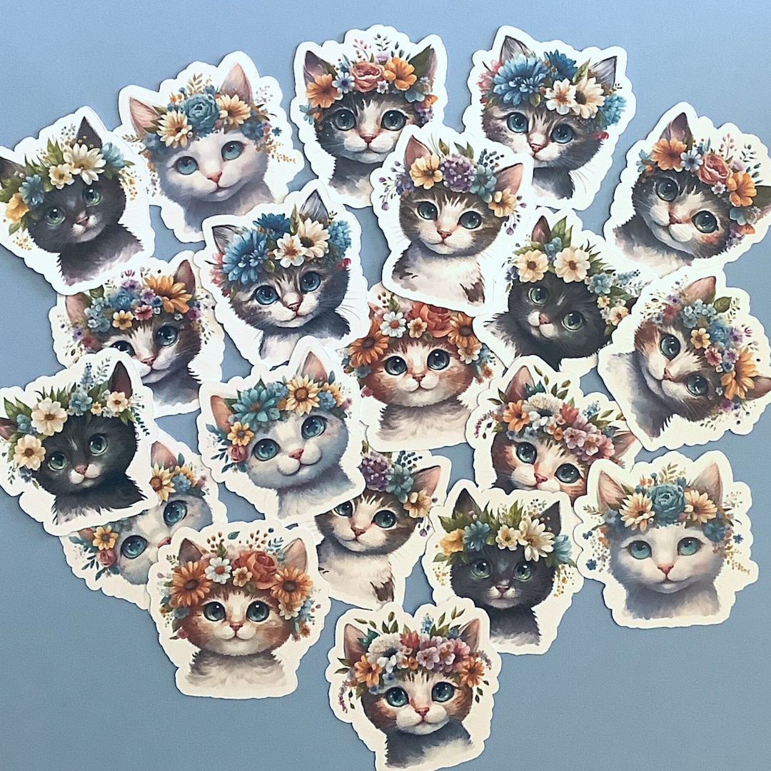 Watercolor Floral Cat Themed Stickers, Journals, Scrapbooking, Junk ...
