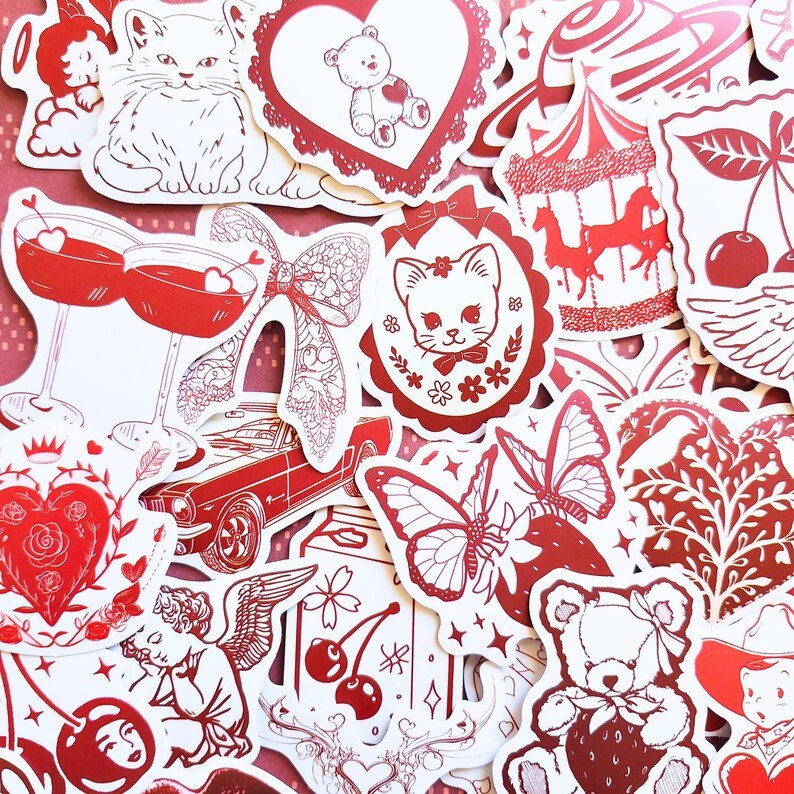 Red Valentine Junk Journal Stickers, Scrapbook Stickers, Journal ...