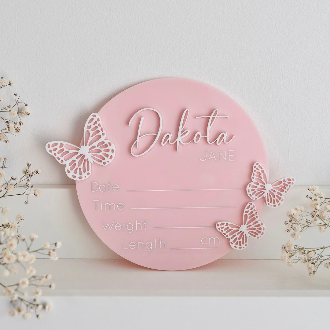 Butterfly Birth Announcement Sign V2, Baby Plaque Disc, Personalised ...