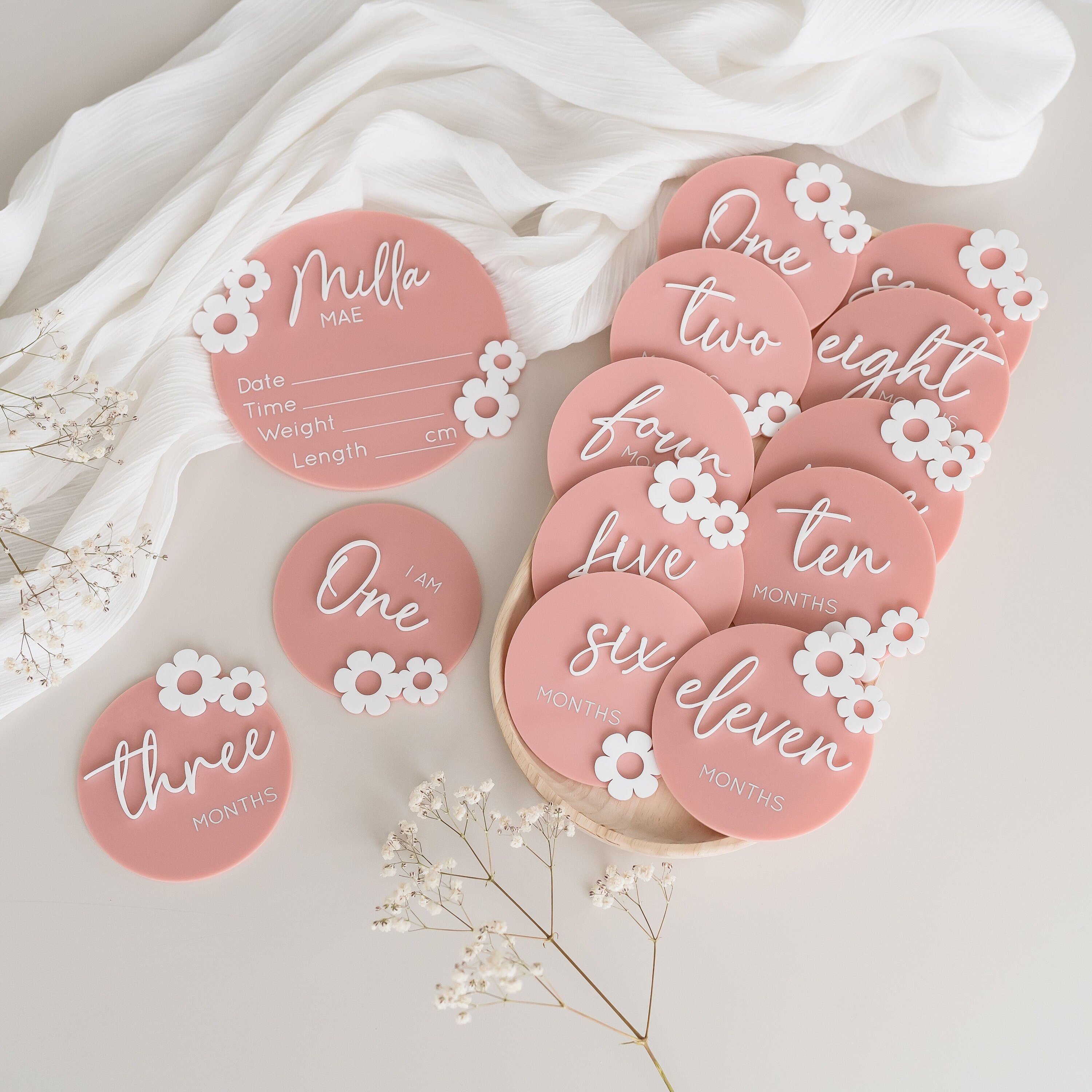Floral Milestone Disc Set, Baby Month Achievements, Acrylic Discs, 3D ...