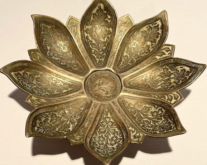 Vintage Solid Brass Etched Lotus Flower Pedestal Bowl - Etsy