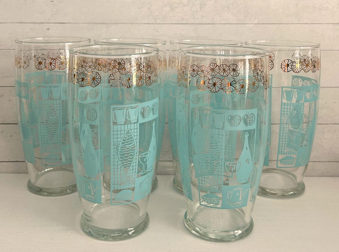 Set of 6, Vintage MCM Turquoise/gold Ice Tea Drinking Glasses - Etsy
