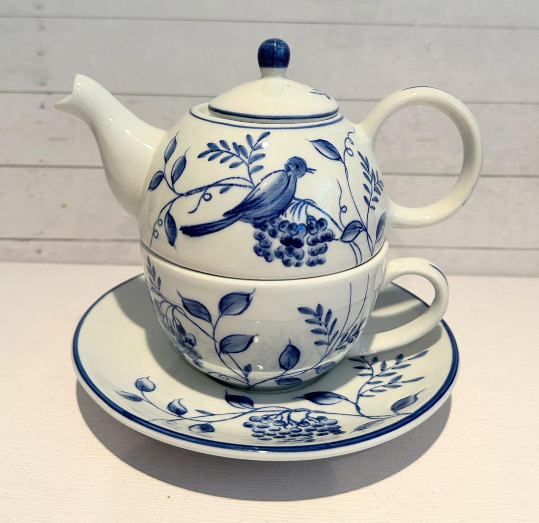 Andrea by Sadek dove Blue and White Tea for One, 4 Piece Set - Etsy