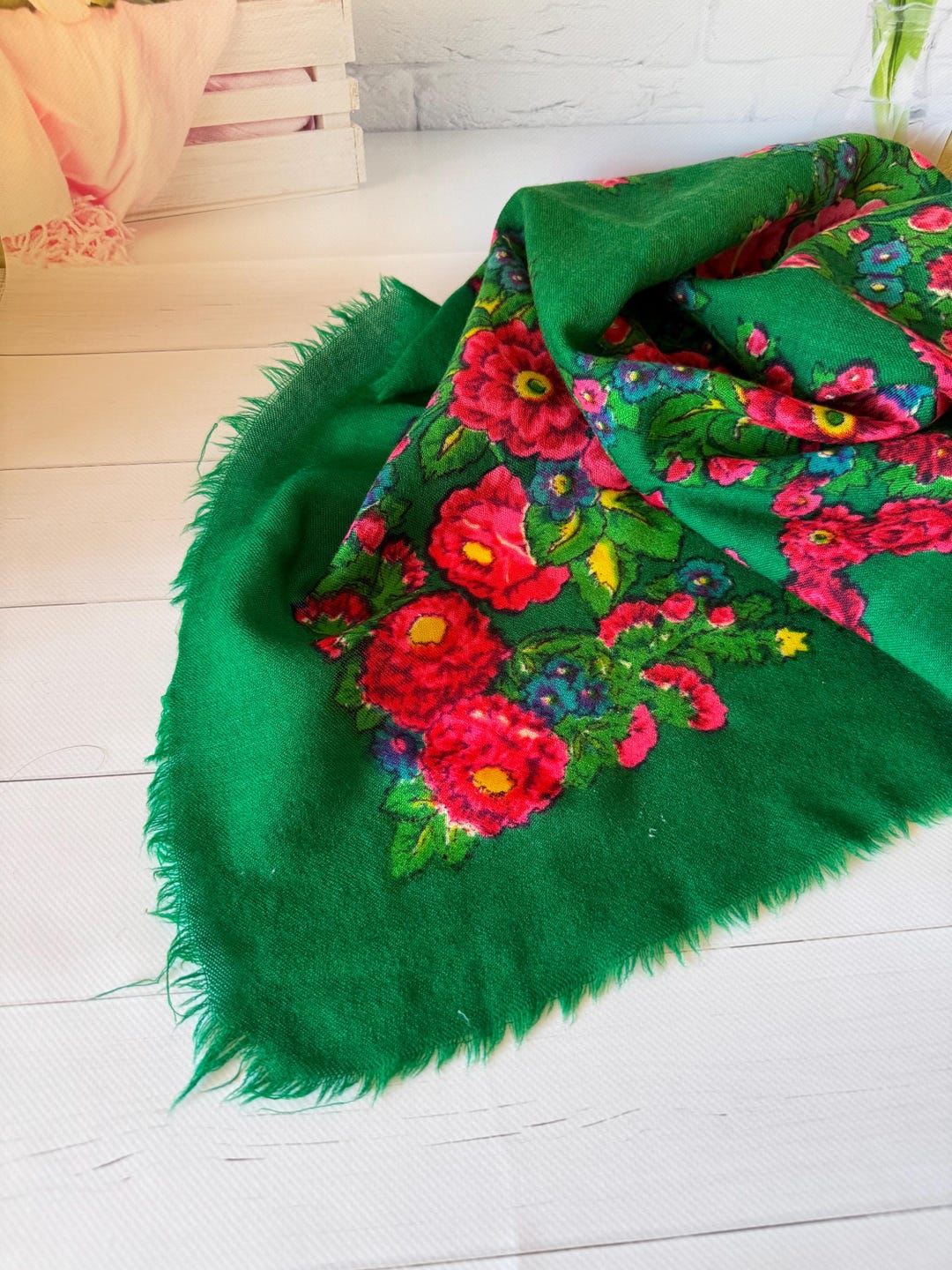 Vintage Green Floral Babushka Scarf, Ukrainian Folk Wool Shawl, Retro ...