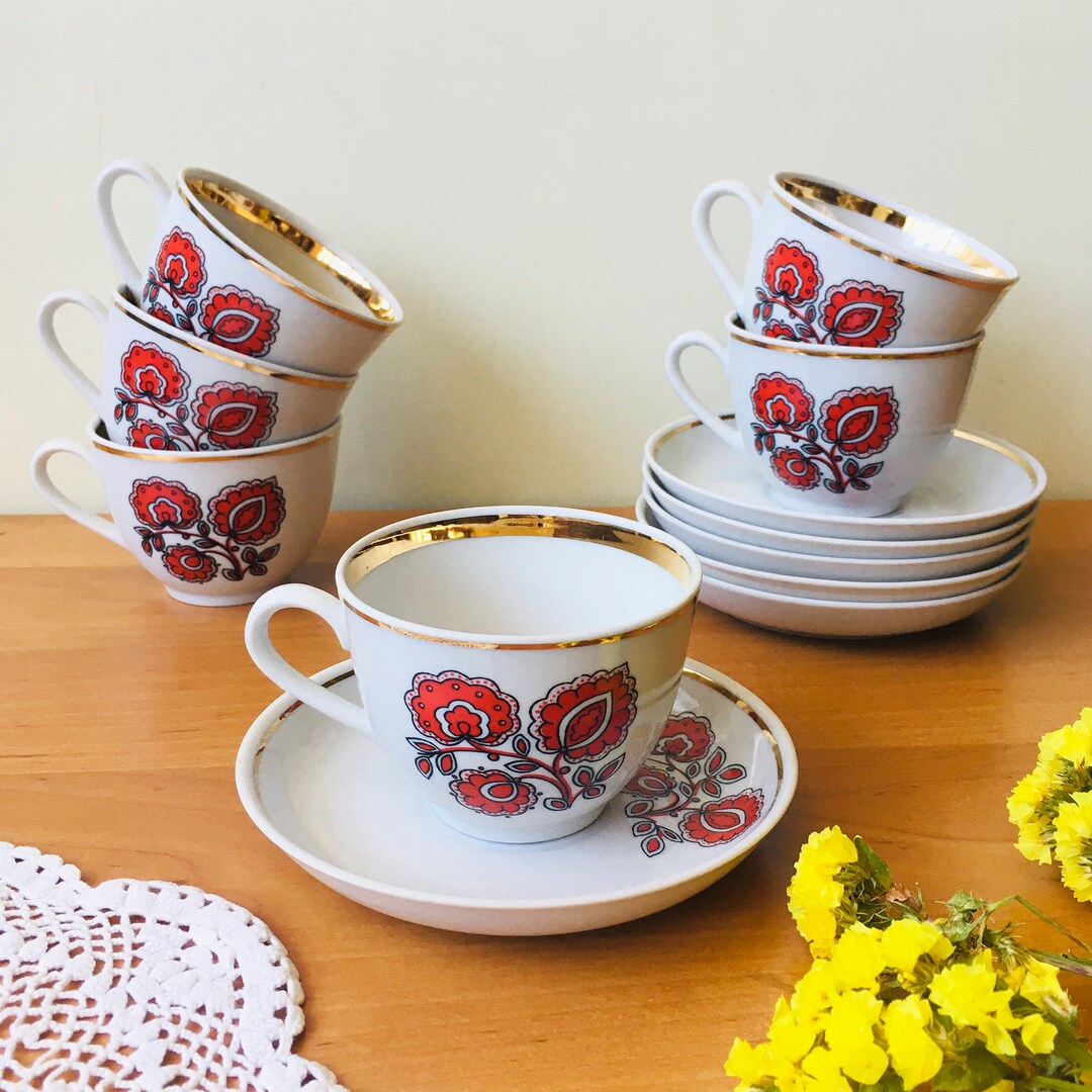 Ukrainian Vintage Porcelain Tea Service, Floral Ceramic Teacup and ...