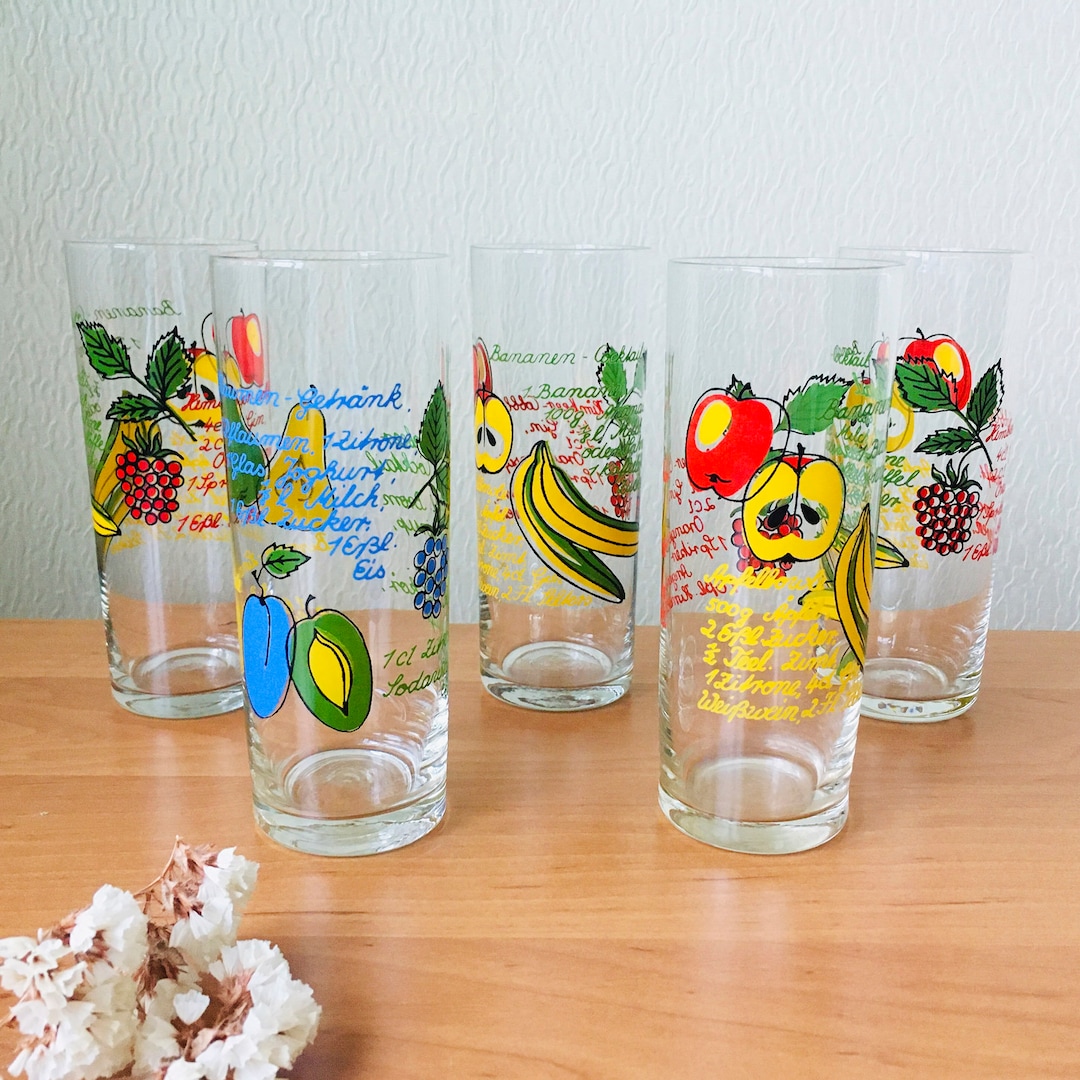 Vintage Juice Glasses With Cocktail Recipes, Set of 5 Painted Highball ...